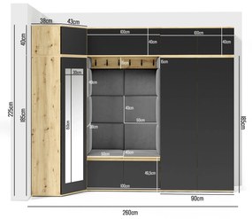 Eka Předsíňová stěna s čalouněnými panely Trinity 39 - Dub Artisan s černou / Růžová 2310