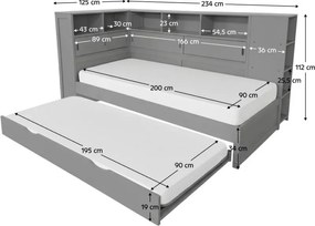 Postel s regály a přistýlkou, šedá, 90x200, LENDON Kondela 0000412657