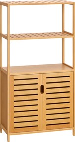 Kleankin koupelnová skříňka se 2 otevřenými policemi a skříňkou se 2 dvířky, úsporná bambusová skříňka 60x30x120 cm, přírodní | Aosom