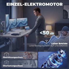 HOMCOM Výškově nastavitelný stůl s paměťovou funkcí, 2 průchody pro kabely a LED displej, stojací-sedadlový stůl, bílá