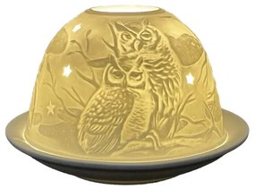 Bílý porcelánový svícen na čajovou svíčku se sovami ve větvích stromů – 12x8 cm