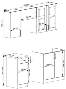 Kuchyňská linka LIMA s vitrínou 1.8 m H720 bílá / dub sonoma