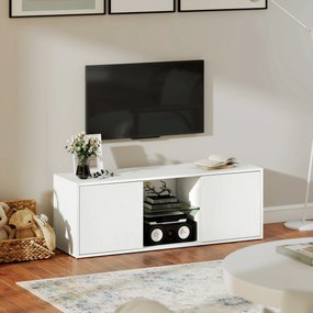HOMCOM TV stolek pro až 55" plovoucí nebo na podlaze, dveře s tichým zavíráním, průchod kabelů a skleněná police, bílá