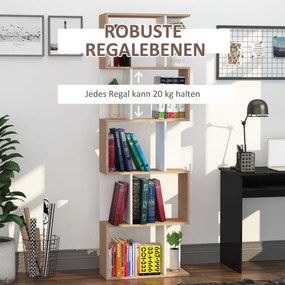 HOMCOM 5-patrová knihovna Dřevěný regál S-tvarovaný Moderní design pro obývací pokoj a kancelář 60x24x184,5 cm Bílá a dřevo