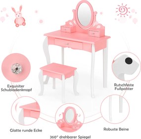 Costway Dětský toaletní stolek se stoličkou Princess se 3 zásuvkami a zrcadlově
