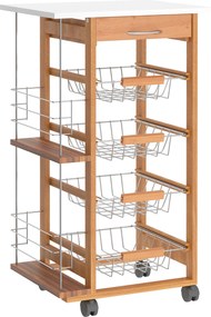 HOMCOM Kuchyňský vozík na kolečkách, Víceúčelový vozík s šuplíkem, 4 odnímatelné kovové koše a boční regály, 47x37x83 cm, Přirozené dřevo | Aosom