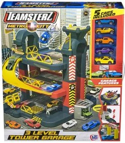 TEAMSTERZ Garáž dvoupatrová s výtahem / Herní set s 5 autíčky / kov, p