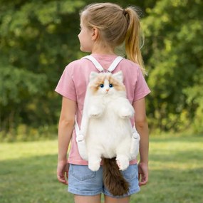 LEAN Toys Plyšová kočka – batoh – plyšová hračka – pruhy – nastavitelné popruhy – silikonové tlapky – bílá – 50 cm