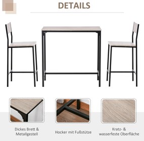HOMCOM Barový stůl se 2 židlemi 3-dílná stolová sestava barová židle MDF v přírodní a černé barvě 89x45x87cm do kuchyně a jídelny | Aosom.de