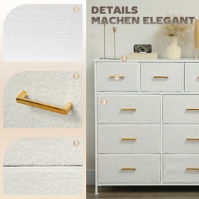 HOMCOM Komoda se 9 textilními zásuvkami, skříňka se stolní deskou, úchytkou a úložným prostorem pro obývací pokoj a ložnici, krémově bílá