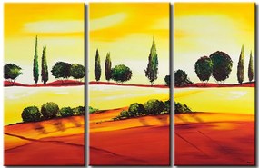 Obraz Toskánsko ve slunci (3dílný) - krajina s stromy a zlatým polem