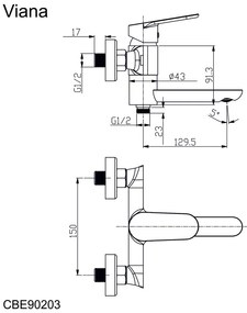 Mereo Viana vanová nástěnná baterie 150 mm se sklopným ramínkem bez příslušenství mosaz chrom CBE90203