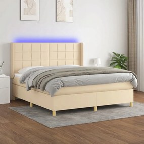Box Spring Postel S Matrací A Led Textil Krémová Blok se čtverci 160 x 20