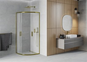 Mexen Rio, čtvrtkruhový sprchový kout 90(dveře)x90(dveře)x190 cm, 5mm sklo námraza, zlatý profil, 863-090-090-50-30