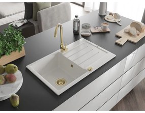 Mexen Bruno, granitový dřez 795x495x200 mm, 1-komorový, bílá se zlatým sifonem, 6513791010-20-G