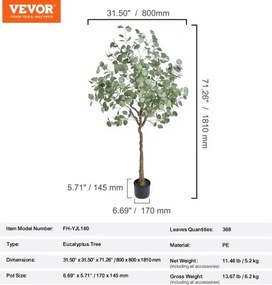Umělý eukalyptový strom, 1,8 m vysoká umělá rostlina