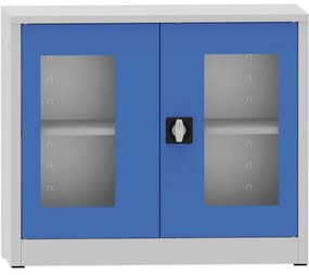 Kovona Svařovaná policová skříň s prosklenými dveřmi, 800 x 950 x 400 mm, šedá/modrá
