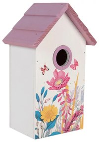 Bílo-růžová dřevěná budka pro ptáčky s květy a motýly – 15x10x22 cm