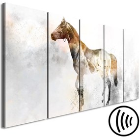 Obraz Ohnivý horský kůň (5-dílný) úzký - kůň na kouřově šedém pozadí