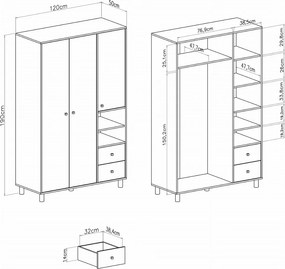 FARO | šatní skříň FR1 | 120 cm | s policemi, zásuvkami a šatní tyčí | bílá/artisan/šedá