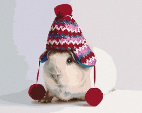 Malování podle čísel morče ve vánoční čepici, 80x100 cm, bez rámu a bez vypnutí plátna