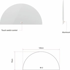 Erga Kori, půlkruhové LED zrcadlo 70x140cm, 2875 lm, 3 barvy světla, ERG-V01-KORI-7014-CL