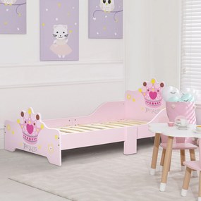 Dětská postel HOMCOM pro děti od 3 let, 143x73x60 cm, dřevěná postel s potiskem korunky, nosnost 50 kg, růžová