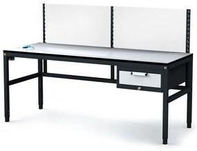 Antistatický dílenský ESD stůl s perfopanelem, 1 zásuvkový box na nářadí, 1800x800x745-985 mm