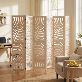 HOMCOM Paraván do interiéru ze dřeva 6 panelů 240 x 170 cm, skládací a přenosný, motiv listů, odnímatelný design, přírodní dřevo