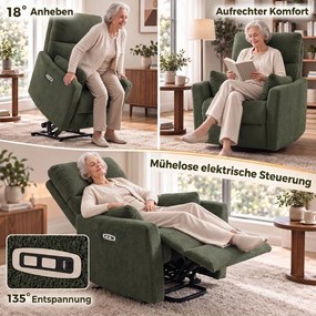 HOMCOM Křeslo při vstávání s masáží a ohřevem, elektrické relaxační křeslo z teddy fleecu pro seniory, tmavě zelené
