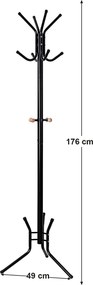 Stojan na kabáty se 12 háčky, stylový kovový věšák 176 cm, černý