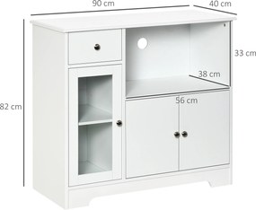 HOMCOM Mikrovlnná Skříň, Kuchyňský Bufet, Úložná Skříň pro Kuchyni, Jídelnu 90 x 40 x 82 cm S Skleněnými Dveřmi a Dřevem, Bílá