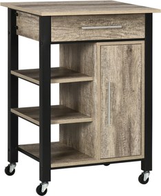 HOMCOM Kuchyňský vozík s šuplíkem a kolečky - 60 x 50 x 84,5 cm - Černý s dubovým efektem