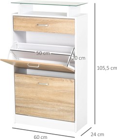 HOMCOM Botník se 3 šuplíky, skleněnou policí a hliníkovými úchyty pro předsíň, nosnost 50 kg, 60x24x105,5 cm