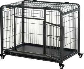 Skládací přepravní klec PawHut pro psy na kolečkách s 2 zamykatelnými dveřmi a odnímatelným podnosem 94L x 58W x 69.5H cm Metal Šedá Černá | Aosom