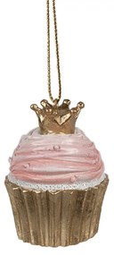 Růžová vánoční ozdoba zlatý dortík Cupcake s růžovou polevou a zlatou korunou – 4x6 cm