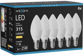 Mexen Nova 6x LED žárovka E14, C37, 3W, Teplá - 3000K, 315 lm - L102-E14-0330-01x06