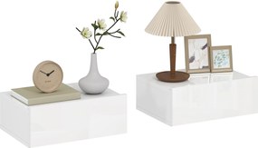 HOMCOM Sada 2 závěsných nočních stolků s 1 zásuvkou, nástěnná montáž, moderní styl pro ložnici, 40x30x15 cm, vysoký lesk bílá