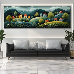 Obraz na plátně - Kopečky s vesnicí Viarel FeelHappy.cz Velikost obrazu: 120 x 40 cm