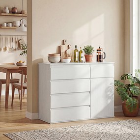 HOMCOM Komoda, úložná skříňka s 5 zásuvkami, nastavitelným prostorem a dvířky s tichým dovíráním, 100 x 40 x 80 cm, bílá