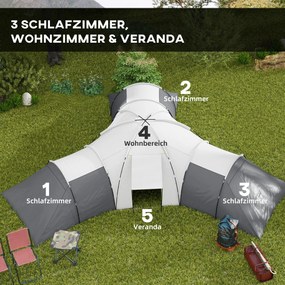 Outsunny tunelový stan kempinkový stan pro 6-9 osob se 3 ložnicemi, obývacím pokojem a verandou, 2000 mm vodní sloupec, šedý | Aosom.de