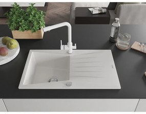 Mexen Cesar, granitový dřez 775x470x190 mm, 1-komorový a bílá baterie Duero, bílá, 6514-20-671600-20