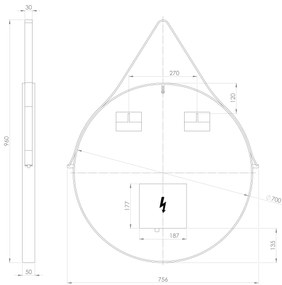 Sapho Sapho, ORBITER kulaté zrcadlo s LED osvětlením, kožený popruh, ø 70cm, černá mat, ORL070