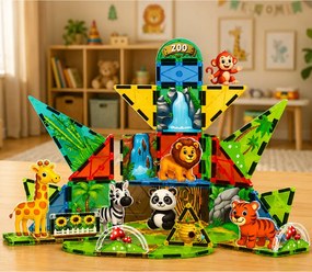 LEAN Toys Magnetické stavební kostky – Divoká zvířata, džungle, ZOO, 52 ks