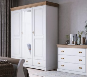 Bílý nábytek Šatní skříň 3D Toskania se zrcadlem a zásuvkami, masiv, borovice, dekor bílá-medová