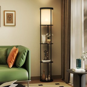 HOMCOM Stojací lampa s 3 policemi, kulatý design, dálkové ovládání, nožní spínač, nastavitelná teplota světla, pro obývací pokoj, černá