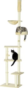 PawHut Podlaha ke Stropu 230-250 cm Kočičí Strom Škrábací Sloup pro Kočky s Nastavitelnou Výškou, Více Platforem, Košíky, Houpací Síť a Visící Míčky B