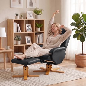 HOMCOM relaxační křeslo s podnožkou, nastavitelné PU relaxační křeslo, 360° otáčení, houpací funkce, černé