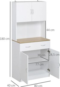 HOMCOM Kuchyňský Skříňový Kabinet s Dveřmi, Zásuvkou a Nastavitelnými Poličkami, Proti Převrhnutí, 80x40x180 cm, Bílý