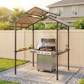 Outsunny Altánek na gril s ohnivzdornou střechou, BBQ altánek se 2 policemi, 2,5 x 1,5 m, ocelový, PC, Černá + Hnědá